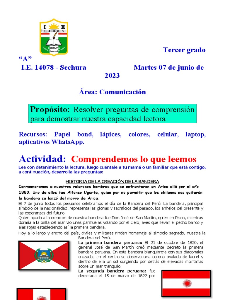 Comprensión Lectora Dia de La Bandera | PDF