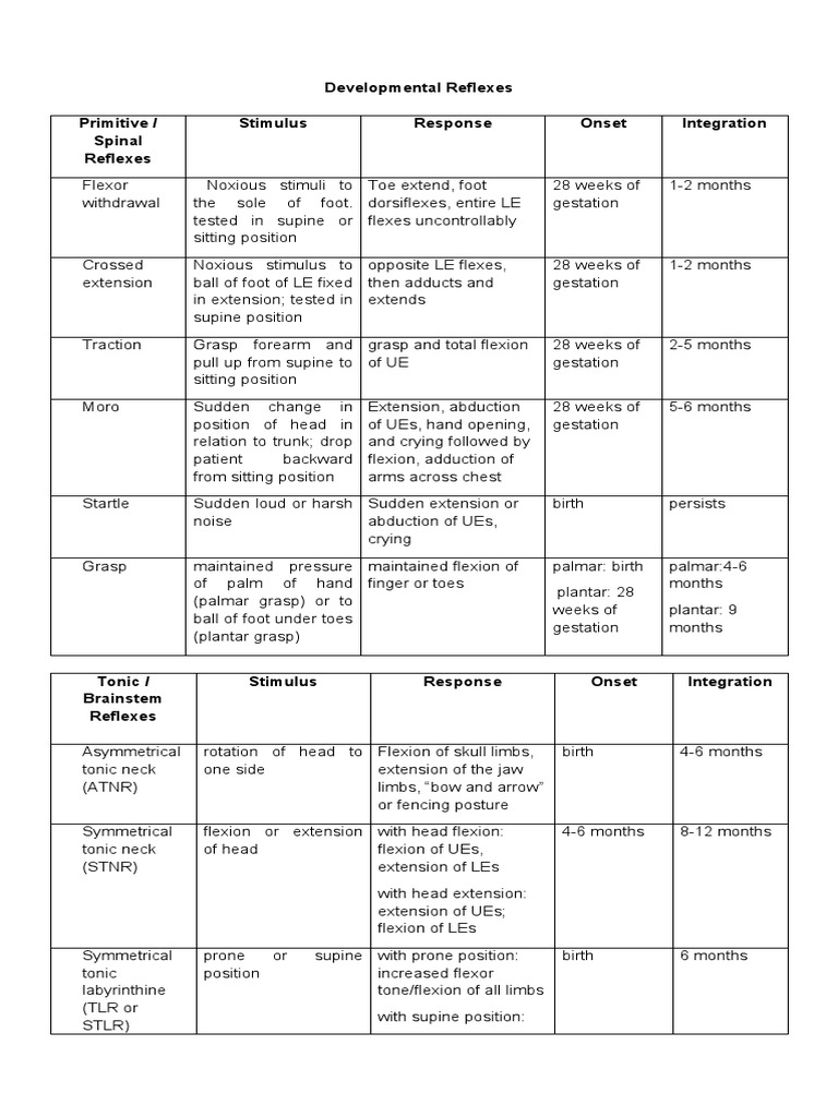 Developmental Reflexes | PDF