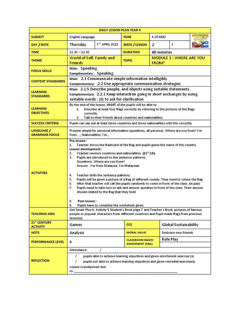 Year 4 English Lesson Plan: Flags & Nationalities | PDF