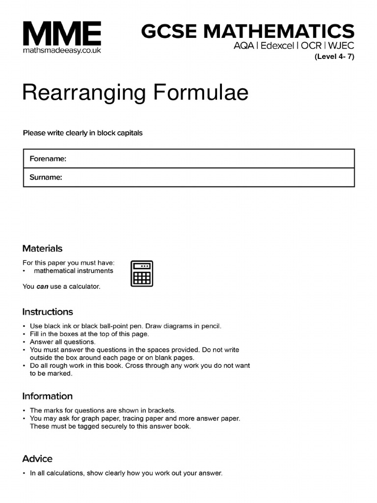 Rearranging Formulae Questions MME | PDF | Mathematical Objects | Equations