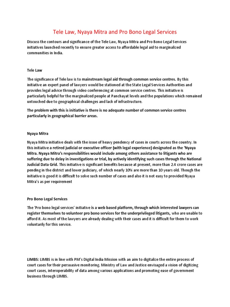 Tele Law, Nyaya Mitra and Pro Bono Legal Services | PDF | Legal Aid ...
