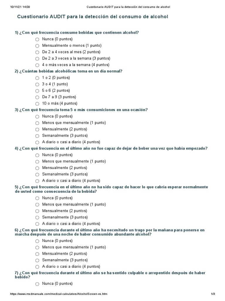 Cuestionario AUDIT para la detección del consumo de alcohol | PDF