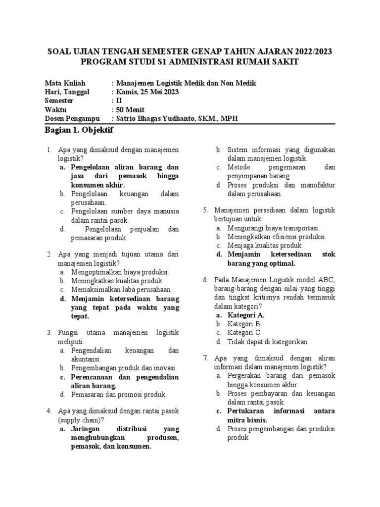 Kunci Jawaban Soal UTS Manajemen Logistik | PDF