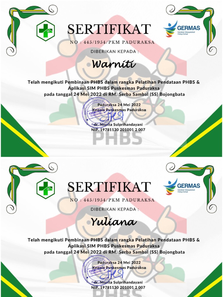 Sertifikat Pendataan Phbs Word | PDF