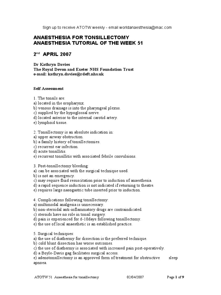 Anaesthesia For Tonsillectomy TOTW 051 2007 230316 022350 | PDF ...