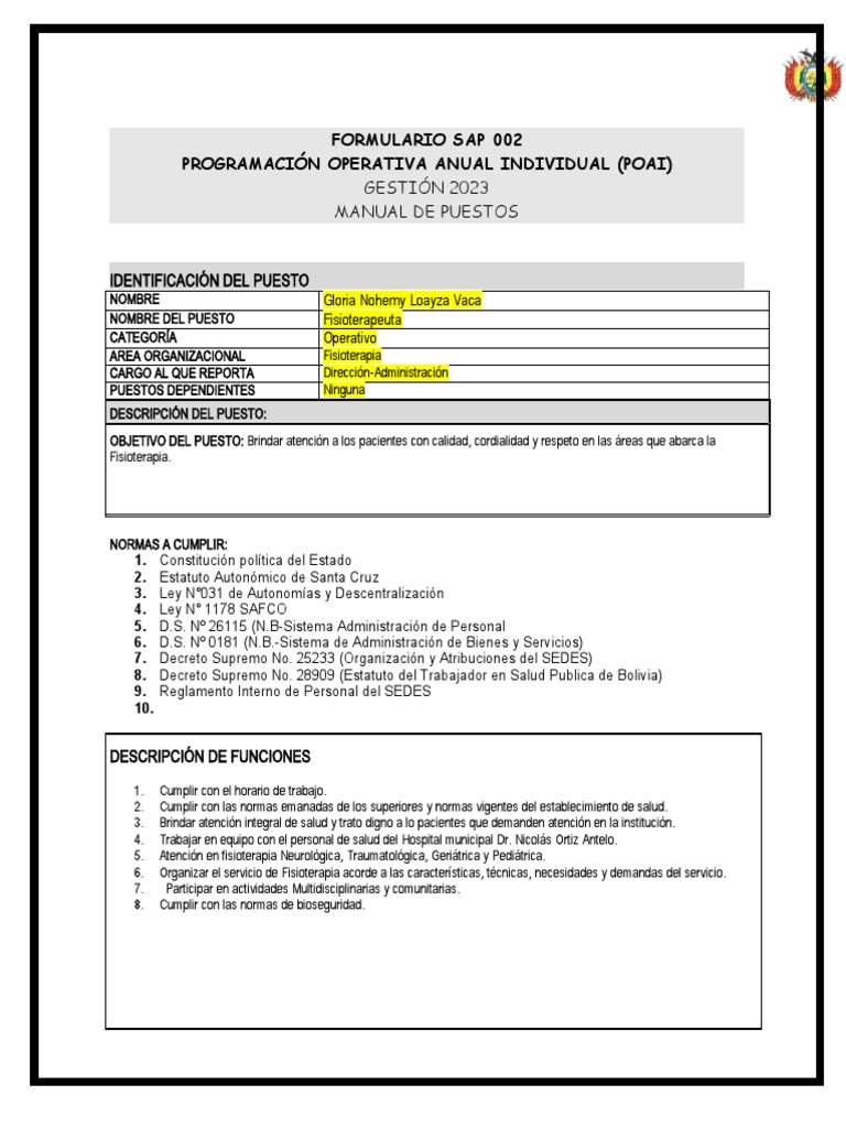 Formulario Poai en Blanco 2023 | Descargar gratis PDF | Terapia física ...