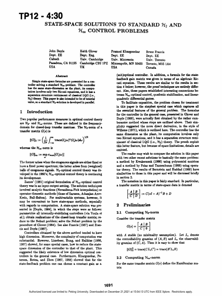 State-Space Solutions To Standard H2 and H Control Problems | PDF | Eigenvalues And Eigenvectors ...
