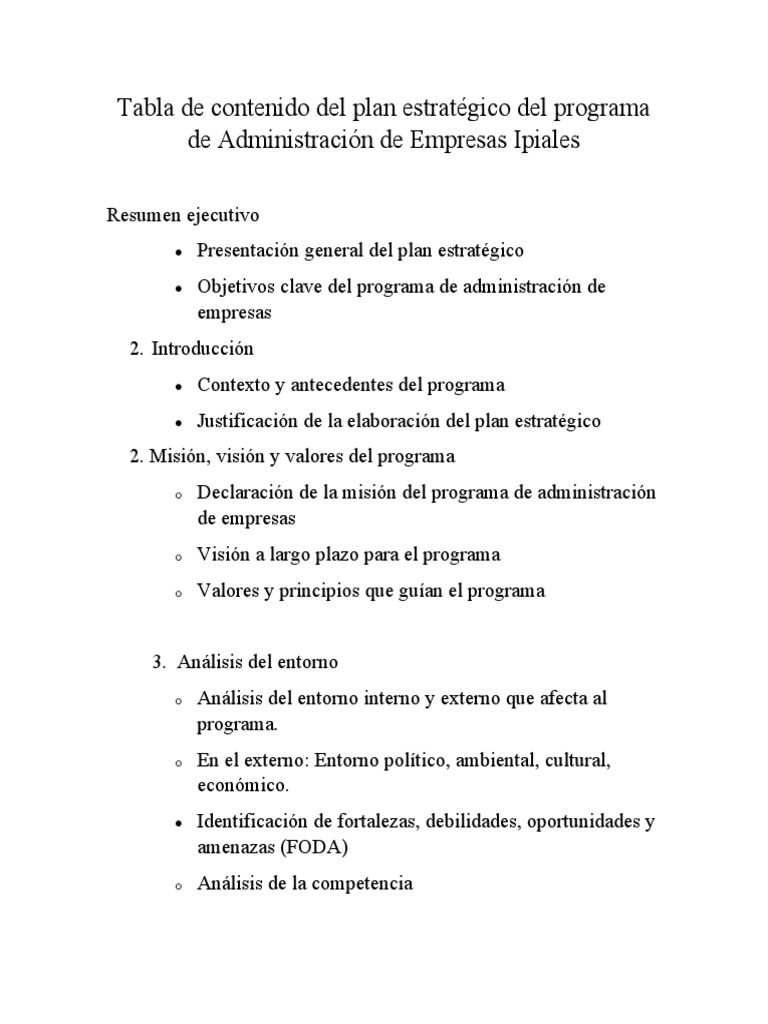 Tabla de Contenido Plan Estrategico Ipiales | PDF