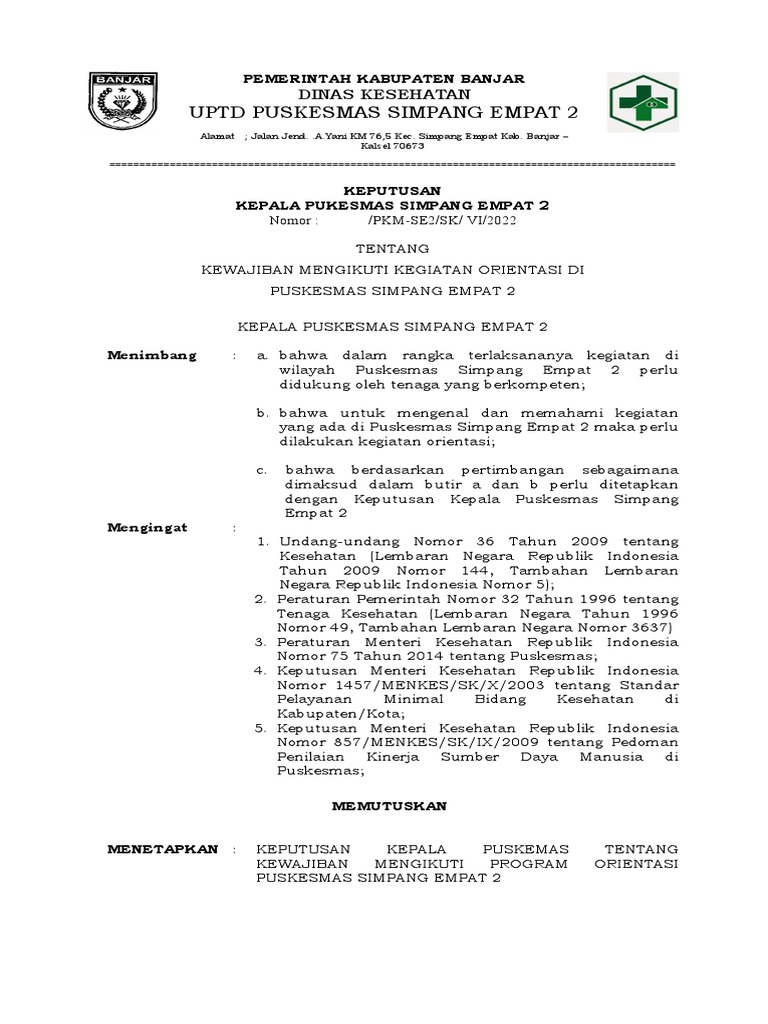 Uptd Puskesmas Simpang Empat 2: Dinas Kesehatan | PDF