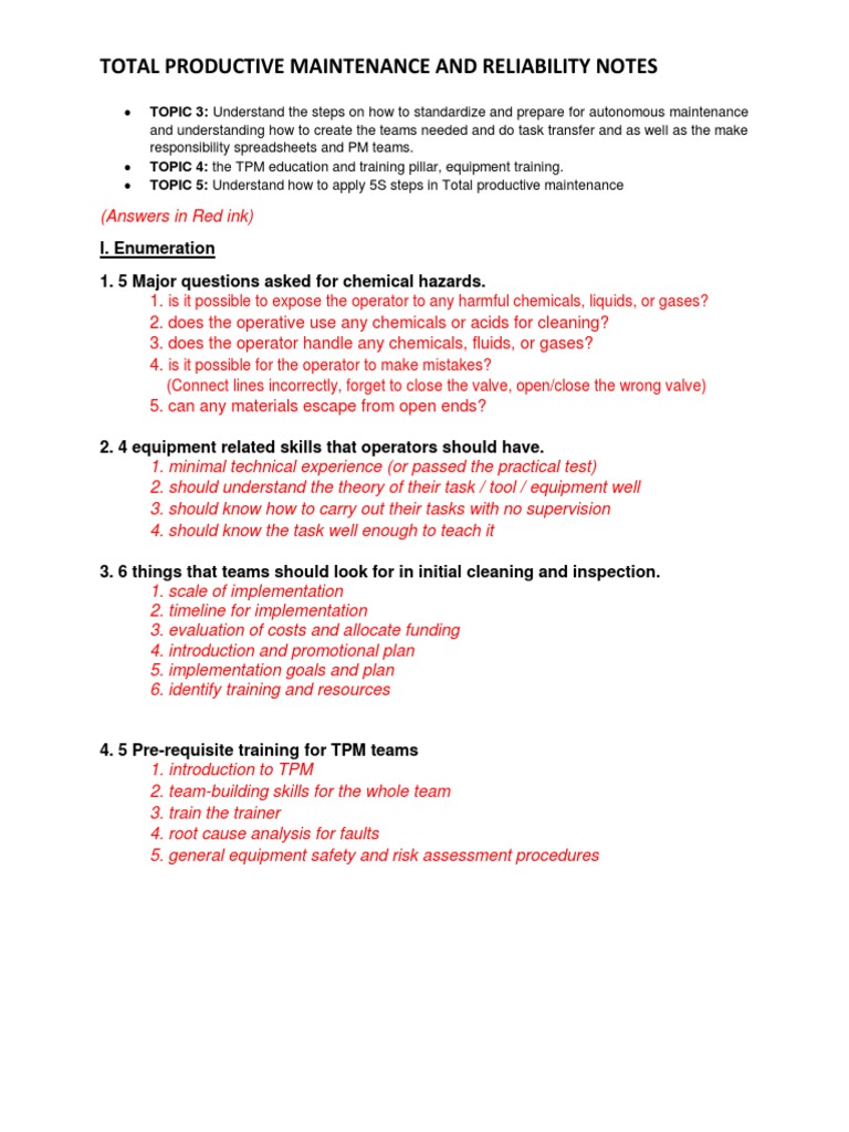 Total Productive Maintenance and Reliability Notes 2 | PDF ...