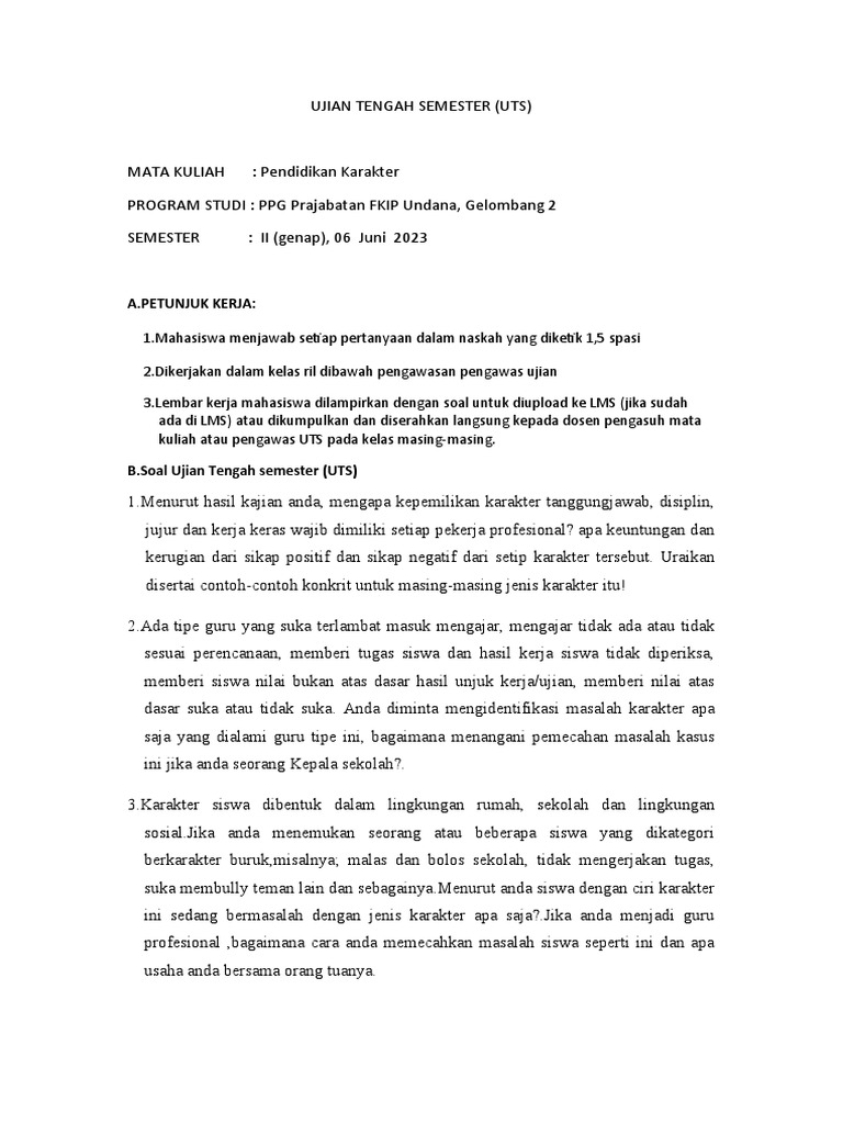 Uts Pendidikan Karakter, PPG | PDF