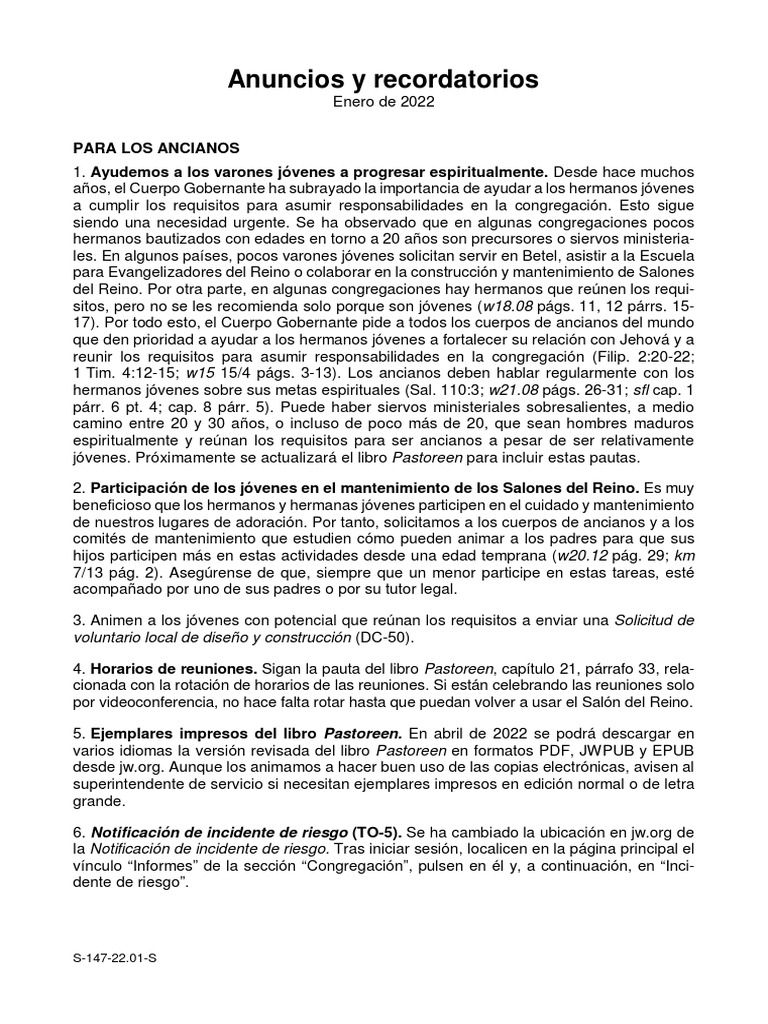 Anuncios y Recordatorios: para Los Ancianos | PDF