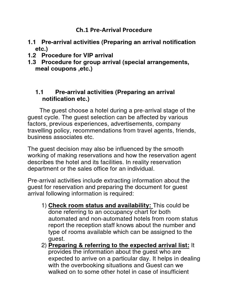 BSC HS Sem II HS 204 Ch.1 Pre Arrival Procedure | PDF