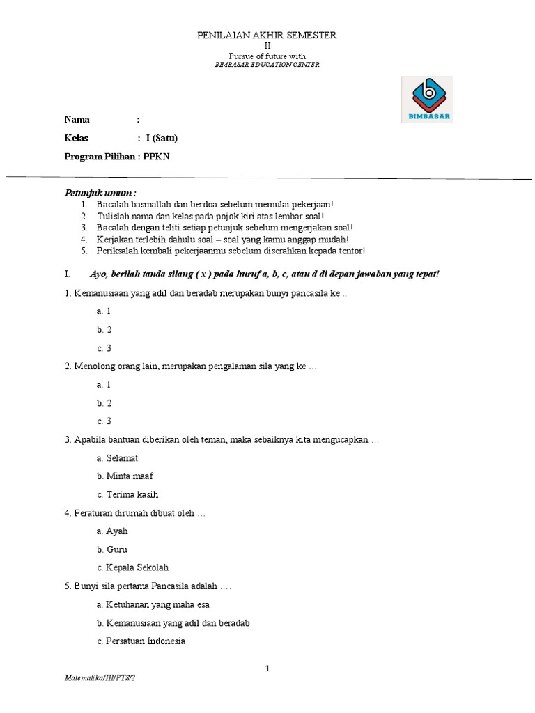 Latihan Soal Ulangan PPKN Kelas 1 | PDF