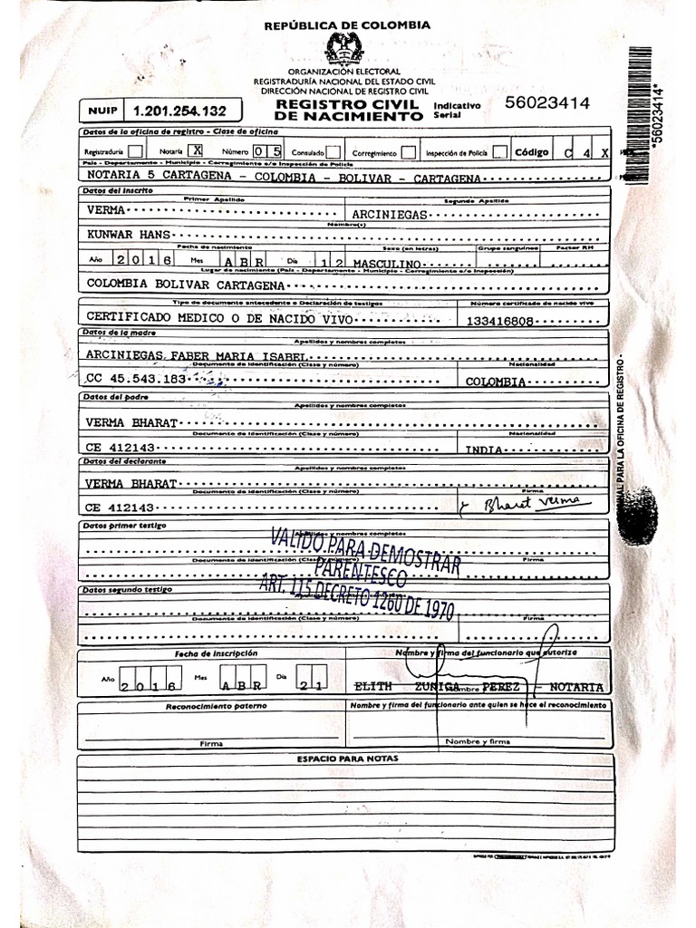 Registro Civil de Hijo Colombiano | PDF