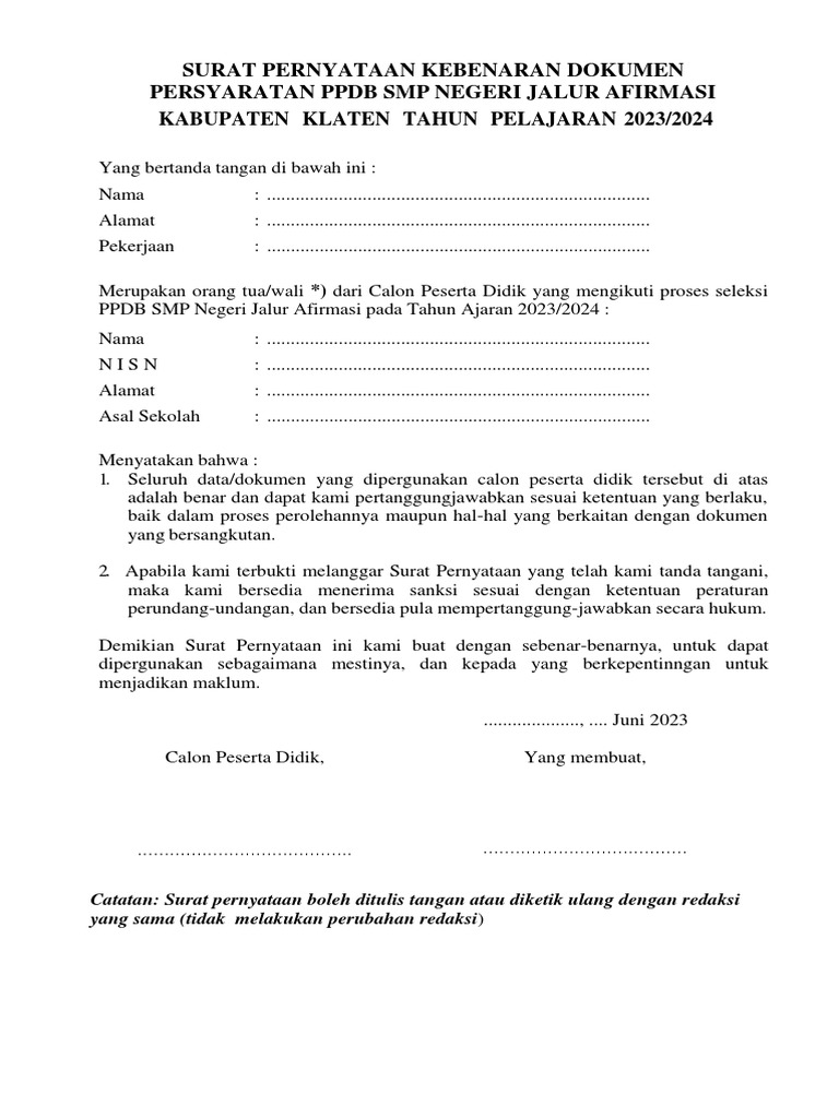 Surat Pernyataan Ortu Jalur Afirmasi | PDF