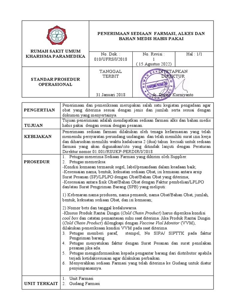 010.spo Penerimaan Sediaan Farmasi Alkes Dan BMHP | PDF | Pengembangan Diri