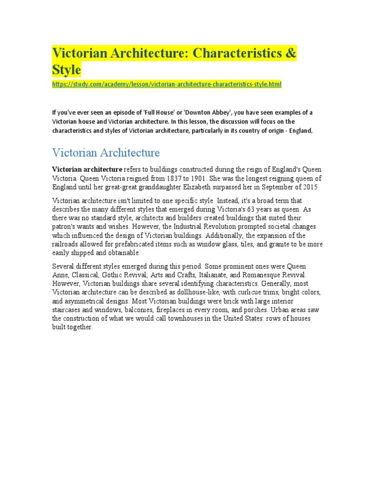 Characteristics of Victorian Architecture | PDF