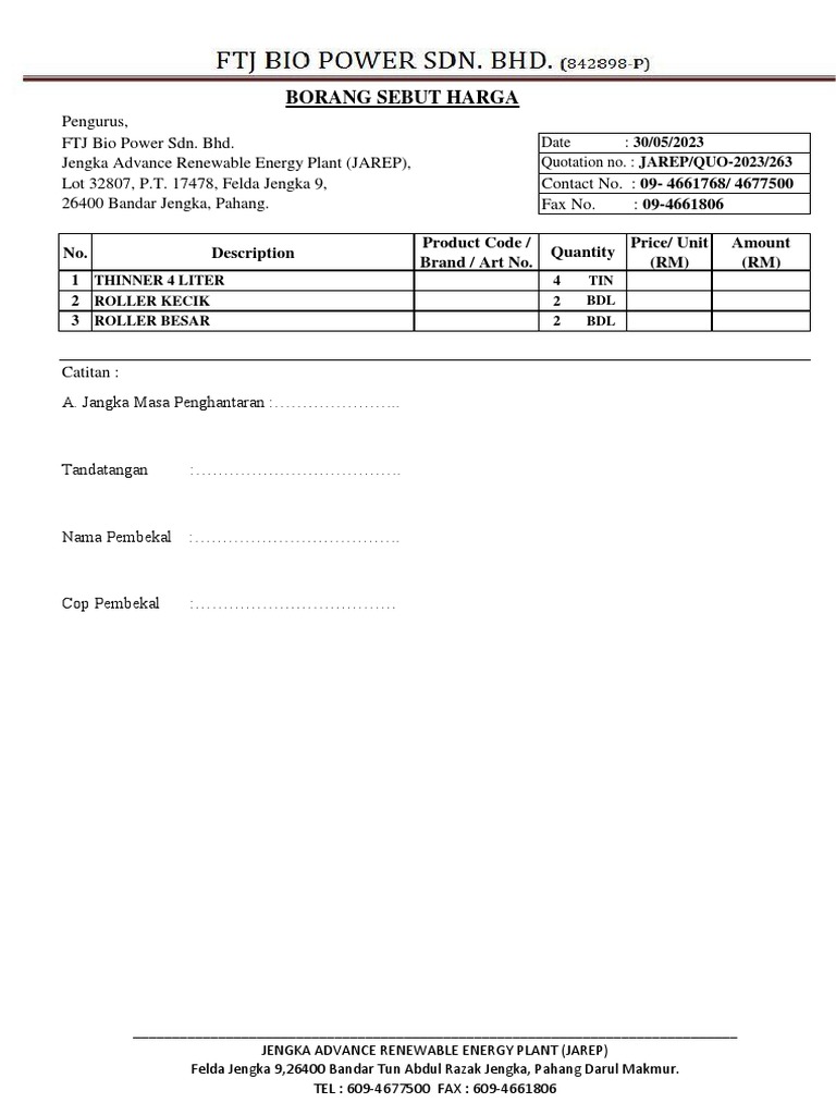 Borang Sebut Harga: No. Description Product Code / Brand / Art No ...