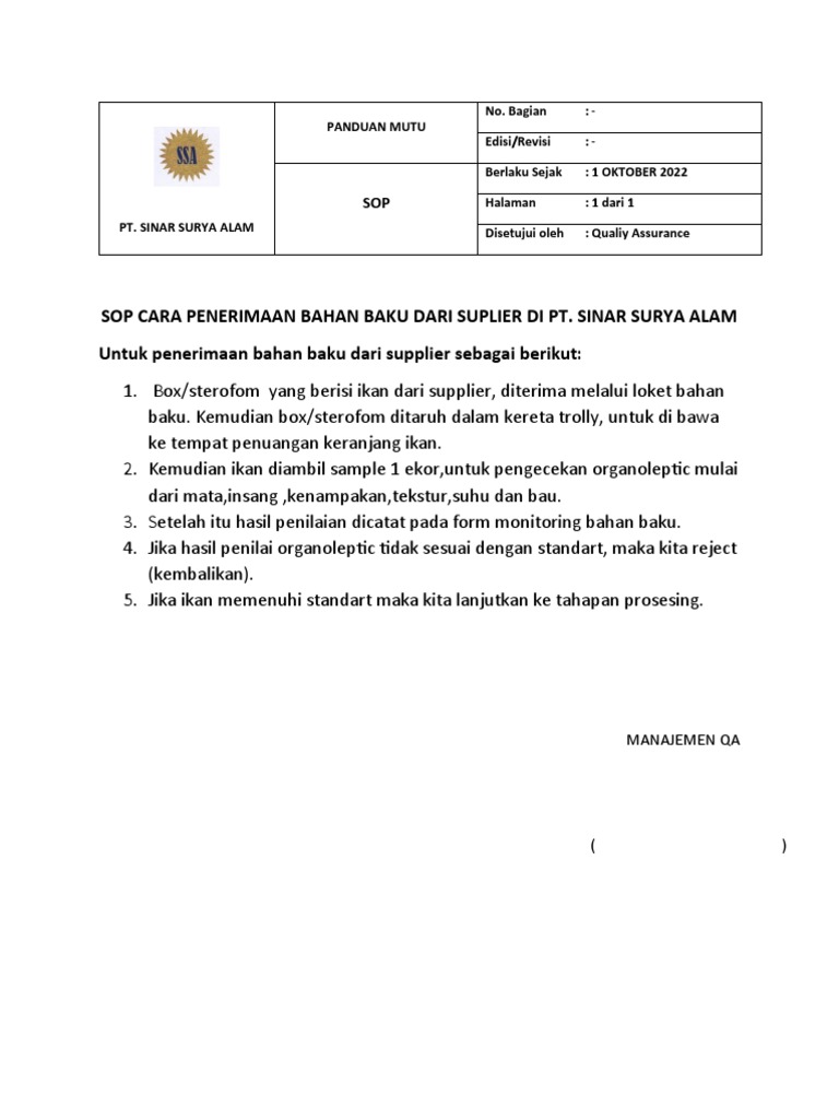 7.sop Penerimaan Bahan Baku Dari Supplier | PDF