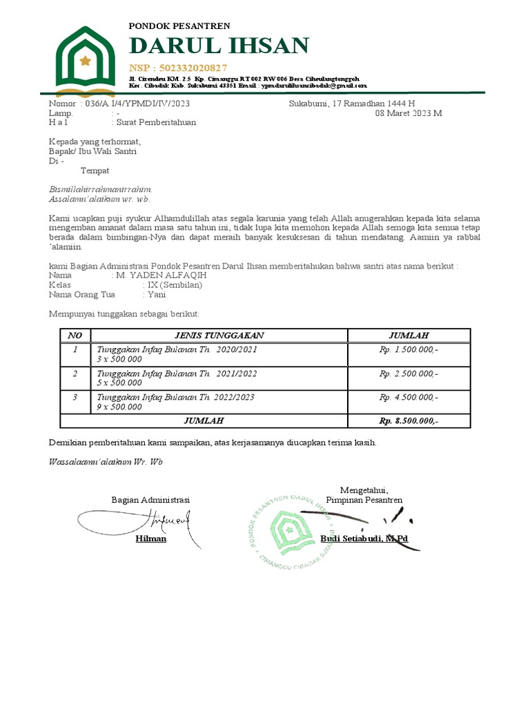 Surat Tagihan Pembayaran Santri | PDF | Pengelolaan Keuangan & Uang