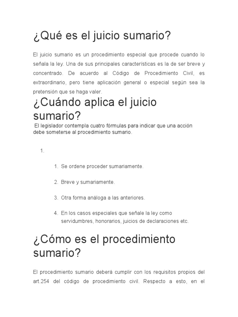 Definición y Proceso del Juicio Sumario | PDF | Demanda judicial ...