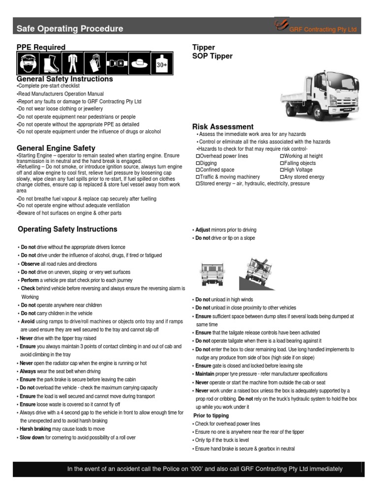 Tipper Truck Safe Operating Procedures | PDF
