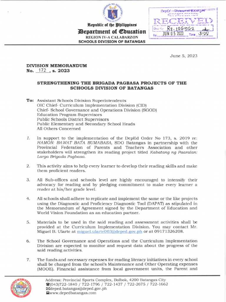 DM 172, S. 2023-TRENGTHENING THE BRIGADA PAGBASA PROJECTS OF THE ...