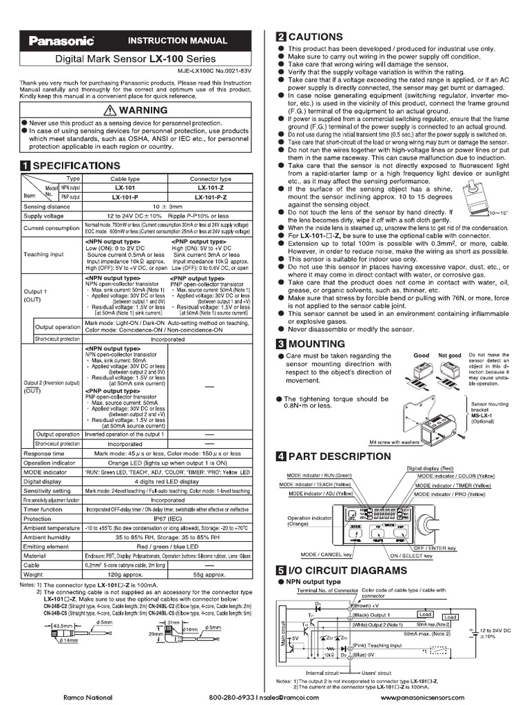 Panasonic Lx-100 Series Digital Mark Sensor Instruction Manual | PDF
