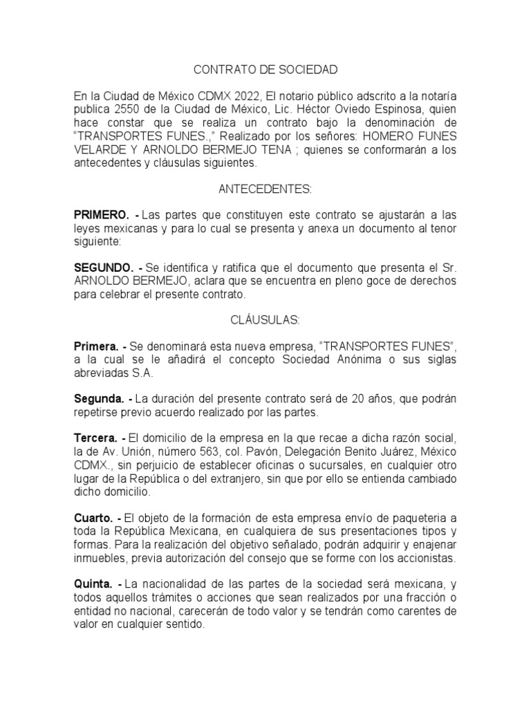 CONTRATO DE SOCIEDAD | PDF | Compartir (Finanzas) | Sociedad de responsabilidad limitada