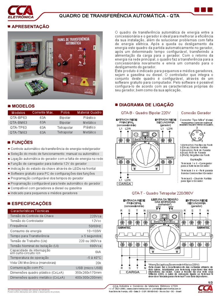 Manual Quadro de Transferência Automática RedeGerador QTA_v1 | PDF