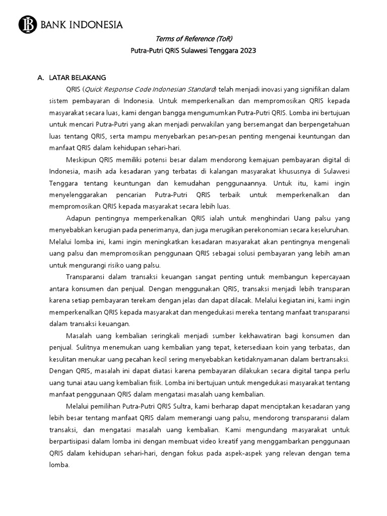 Term of Reference (ToR) Putra-Putri QRIS Sulawesi Tenggara 2023 | PDF ...