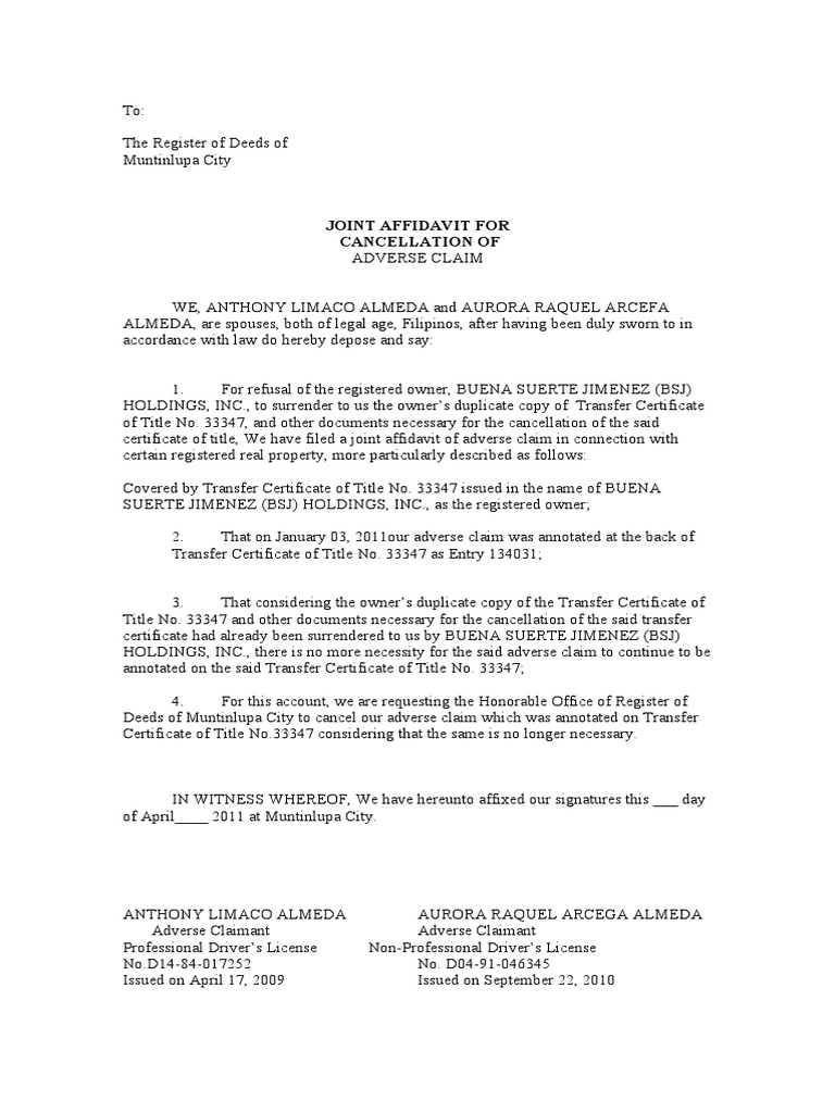 Affidavit Cancellation of Adverse Claim | PDF | Law