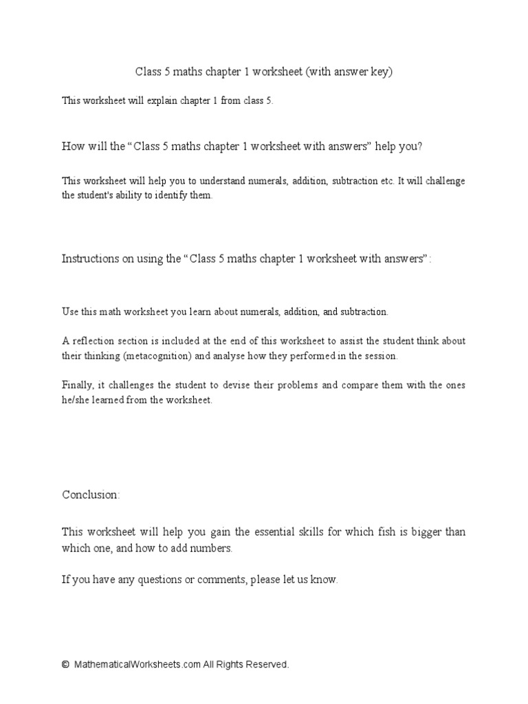 Class 5 Maths Chapter 1 Worksheet With Answers | PDF
