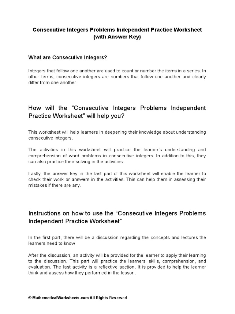 Consecutive Integers Problems Independent Practice Worksheet With ...