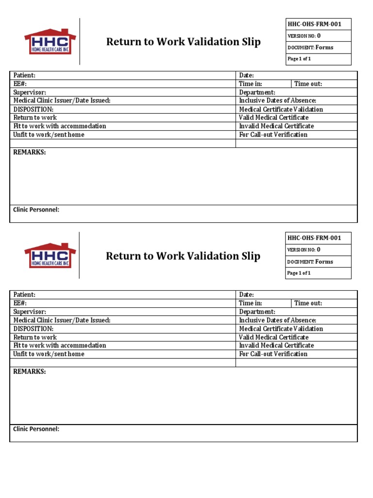 Return to Work Validation Form | PDF