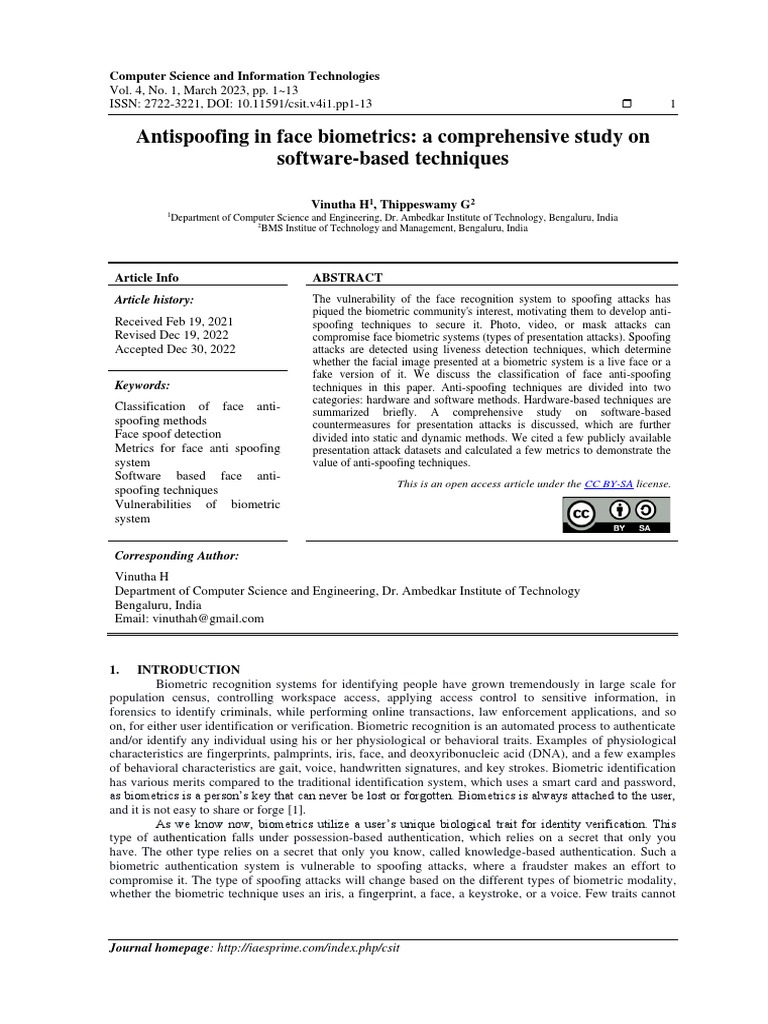 Antispoofing in Face Biometrics: A Comprehensive Study On Software ...
