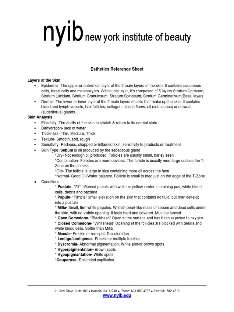 Esthetics Reference Sheet | PDF | Skin | Endocrine System