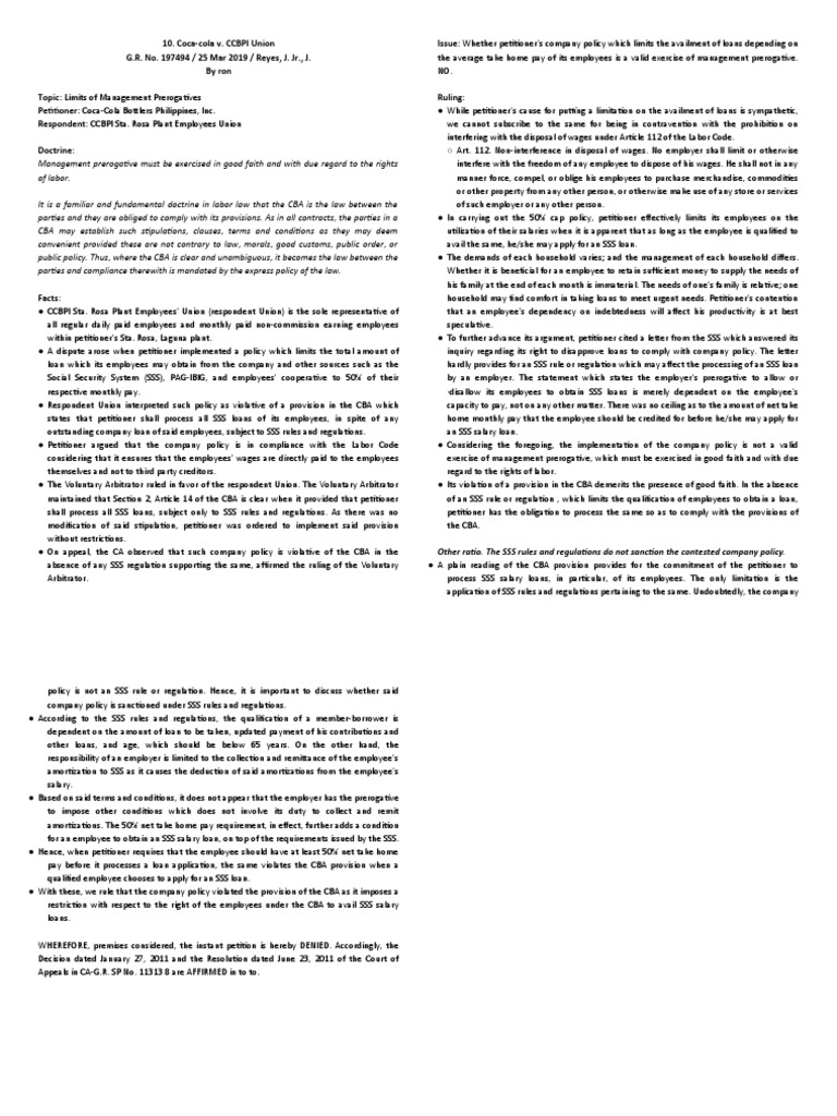 Coca-Cola v. CCBPI Union | PDF | Employment | Loans