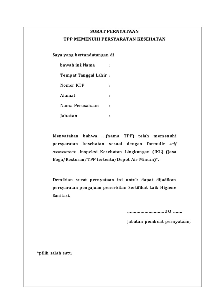 Surat Pernyataan Tpp Memenuhi Persyaratan Kesehatan | PDF