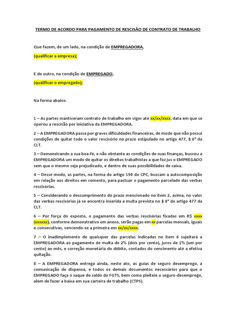 Termo de Acordo para Pagamento de Rescisão de Contrato de Trabalho | PDF