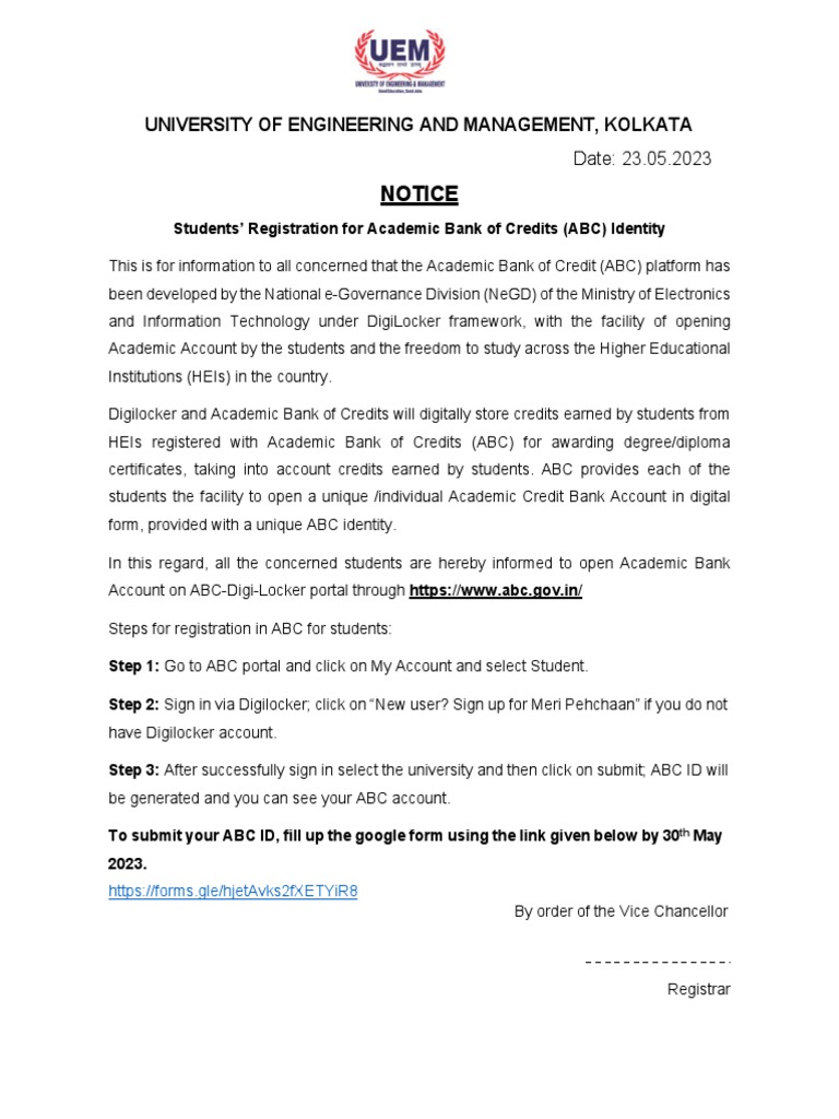 Notice of ABC Registration For Students | PDF