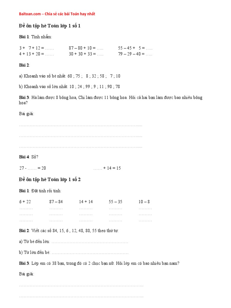 Bo de On Tap He Mon Toan Lop 1 | PDF