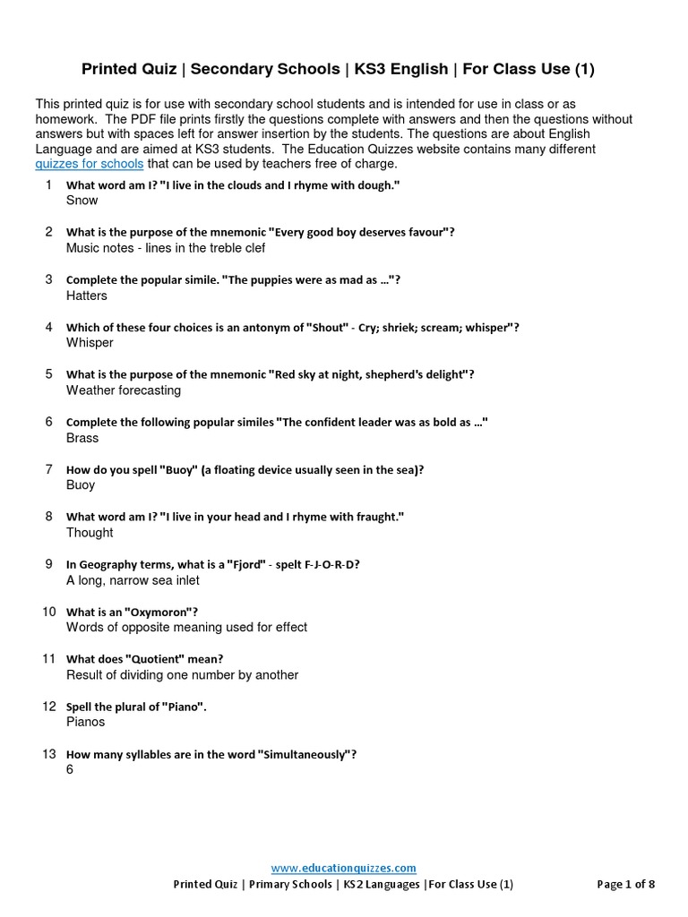 Printed Quiz Secondary Schools KS3 English For Class Use | PDF | Word ... Printed Quiz Secondary Schools KS3 English For Class Use | PDF | Word ...