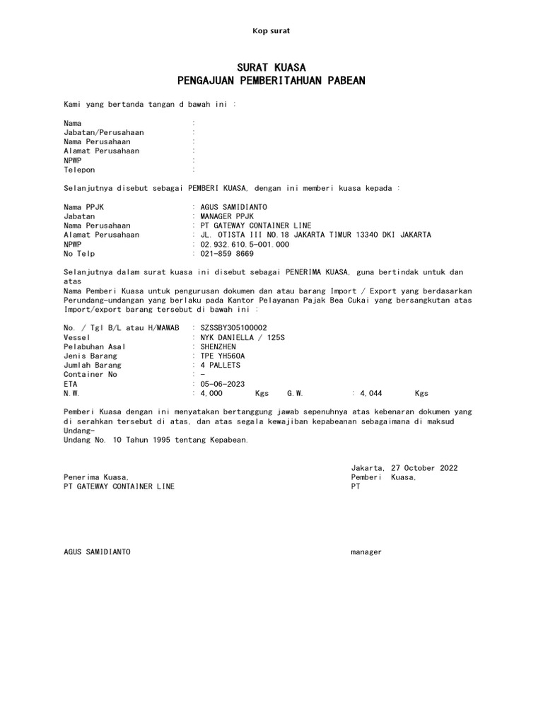 Surat Kuasa Pengajuan Pemberitahuan Pabean | PDF