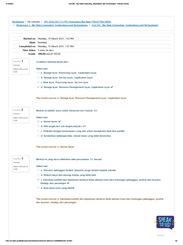 Kuis M2 - Big Data Computing, Applications and Technologies - Attempt Review | PDF