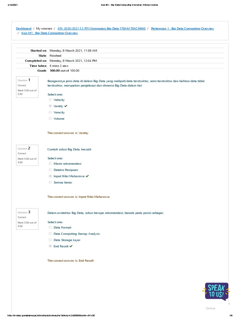 Kuis M1 - Big Data Computing Overview - Attempt Review | PDF