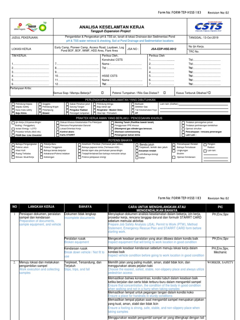 12 - JSA Sampling PH & TSS Water Sedimentation 131019 | PDF