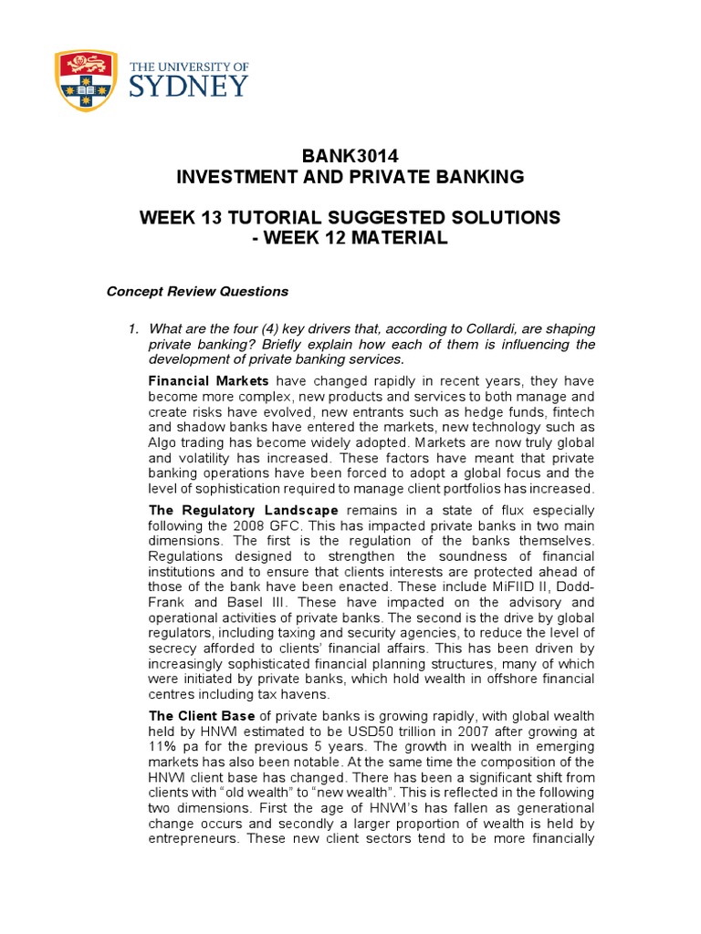 BANK3014 Week 13 Tutorial Suggested Solutions - Week 12 Material | PDF | Banks | Money Laundering