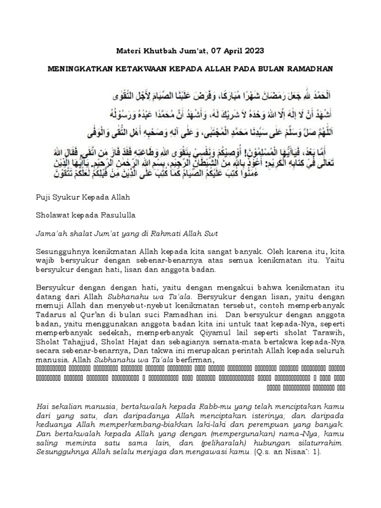 Khutbah Jum'at Ramadhan Singkat (Takwa) | PDF